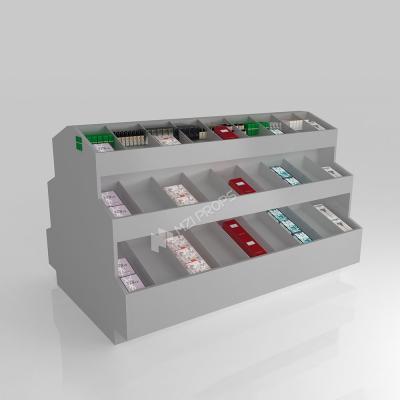 China Retail Store Stand Grey Wooden Sample Island For Customized Display Furniture And Cost-Effective Shop Stand for sale