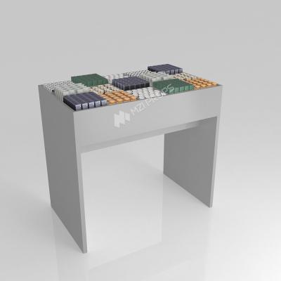 China Retail Display Cabinet Grey Wooden Sample Island For Customized Store Fixtures And Cost-Effective Shop Counter for sale