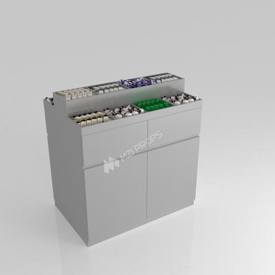 China Retail Shop Design Grey Wooden Sample Island For Space-Saving Shop Showcase And Cost-Effective Shop Rack for sale