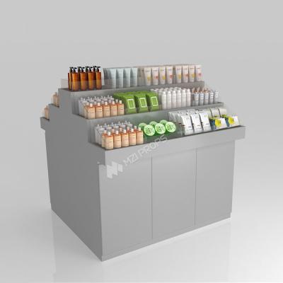 China Retail Shop Table Grey Wooden Sample Island For Customized Shop Decoration And Luxury Display Shelf for sale