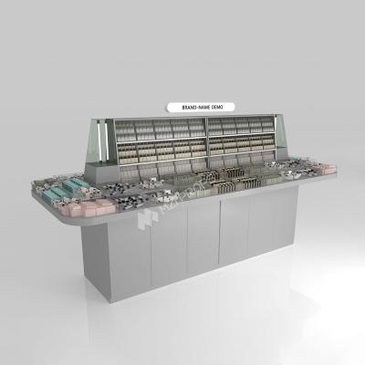 China Retail Display Stand Grey Wooden Sample Island For Customized Shop Fitting And Luxury Display Rack for sale