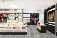 China Beauty Shop Interior Design Black Gold Laminated Board Cosmetic Display Rack for Retail Store Display and Skincare Shop Decoration for sale
