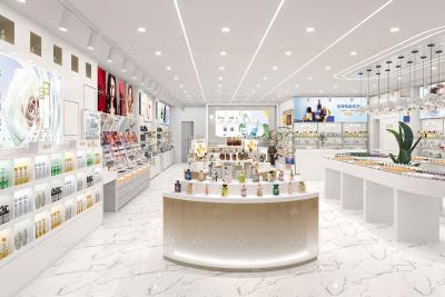 China Fashion-forward Makeup Store Display Les Classiques-White Series Wooden Beauty Display Rack for Cosmetic Shop Interior Design for sale