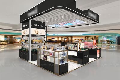 China Beauty Kiosk Cosmetic Shop Display Furniture Black Gold Wood Cabinet for Retail Shop Design for sale