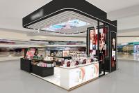 China Beauty Kiosk Cosmetic Shop Display Furniture Black Gold Wood Cabinet for Retail Shop Design for sale