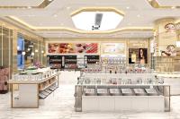 China Retail Shop Fitting Gold Rush Series Case 93sqm Cosmetic Display Design for Customized Store Display Furniture for sale