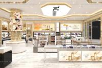 China Retail Shop Fitting Gold Rush Series Case 93sqm Cosmetic Display Design for Customized Store Display Furniture for sale