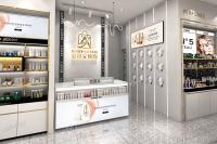 China Cosmetic Store Design Gold Rush Series Case 85sqm Perfume Shop Rack for Skincare Store Decoration for sale