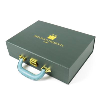 China Custom Dark Green Briefcase Gift Box With Leather Handle Metal Lock Luxury Gift Packaging Wholesale for sale