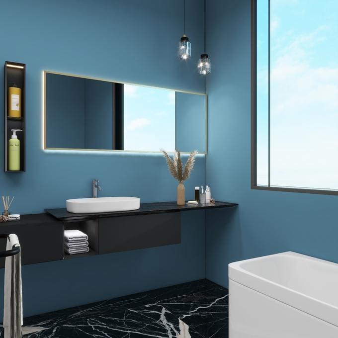 - "Eterna LED Bathroom Mirror - Close-up View of the Mirror's Design and Lighting Features"