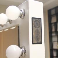 China Metal Frame Makeup Mirror With Lights Music Speaker Single Sided Square Light Up Mirror for sale