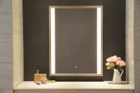 China Hotel Luxury Glass Time Display Wall Mounted Lighted Bath Makeup Led Bathroom Smart Mirror for sale
