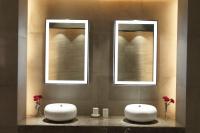 China Bathroom Decoration Makeup Wall Mounting Vanity Framed LED Mirror With Temperature Display for sale