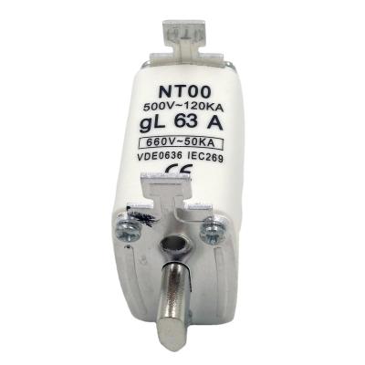 China HRC Ceramic NH or NT Type Blade Fuse Block Links with 500V 120KA gG 63A NT00 NH00 Hrc Fuse Link for sale
