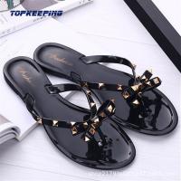 China PVC Summer Black Flat Sandals Womens With Bow Rivet for sale
