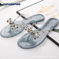 China PVC Summer Black Flat Sandals Womens With Bow Rivet for sale