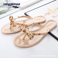 China PVC Summer Black Flat Sandals Womens With Bow Rivet for sale