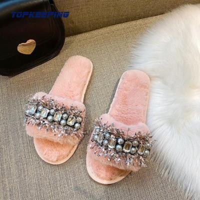 China Diamond Jewelry decorative Outdoor Fur Slippers For Women for sale