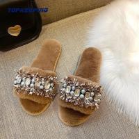 China Diamond Jewelry decorative Outdoor Fur Slippers For Women for sale