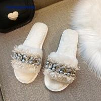 China Diamond Jewelry decorative Outdoor Fur Slippers For Women for sale