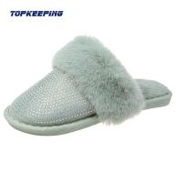 China Diamond Decoration Open Heel Womens Faux Fur Slippers for sale