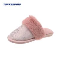 China Diamond Decoration Open Heel Womens Faux Fur Slippers for sale
