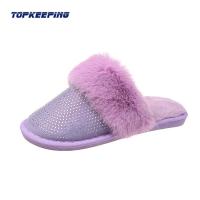 China Diamond Decoration Open Heel Womens Faux Fur Slippers for sale