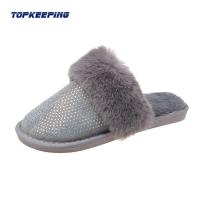 China Diamond Decoration Open Heel Womens Faux Fur Slippers for sale