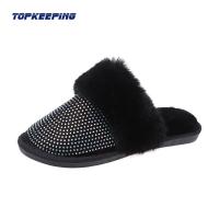 China Diamond Decoration Open Heel Womens Faux Fur Slippers for sale