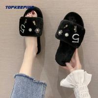 China Bead Decoration Ladies Fluffy Sliders With PVC Outsole for sale
