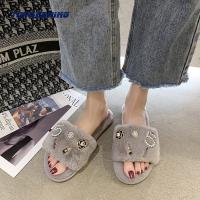 China Bead Decoration Ladies Fluffy Sliders With PVC Outsole for sale