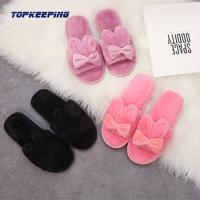 China Flat Heel Multicolored Fur Bow Slides Shoes For Women for sale