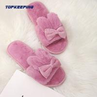 China Flat Heel Multicolored Fur Bow Slides Shoes For Women for sale