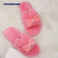 China Flat Heel Multicolored Fur Bow Slides Shoes For Women for sale