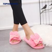 China Flat Heel Multicolored Fur Bow Slides Shoes For Women for sale