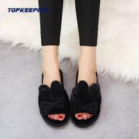 China Flat Heel Multicolored Fur Bow Slides Shoes For Women for sale