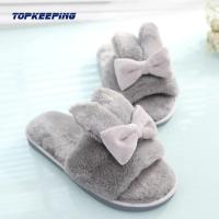 China Flat Heel Multicolored Fur Bow Slides Shoes For Women for sale