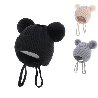 China 100% Baby Pom Pom Beanies Custom Label Crochet Knitted Faux Fur Toddle Hats Wholesale COMMON Winter Kids Double Skein for sale