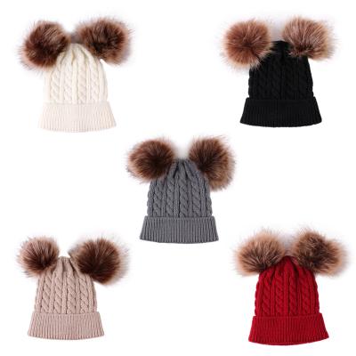 China 100% Baby Pom Pom Beanies Custom Label Crochet Knitted Faux Fur Toddle Hats Wholesale COMMON Winter Kids Double Skein for sale