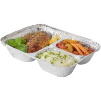 China 3 Compartment Rectangular Aluminum Foil Plate Food Container With Flat Lids Disposable for sale