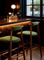 China Olive Green Velvet Bar Stools Walnut Legs Modern Nordic Counter Height Stool for sale