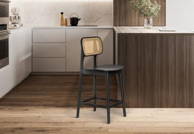 China Black Rattan Counter Height Bar Stool Nordic Vintage Style Coffee Shop Island Bench for sale
