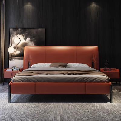 China Italian Minimalist Orange Leather Bed Apartment Furniture Modern Design for sale