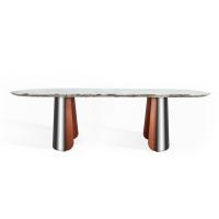 China Modern Double-Column Marble Oval Dining Table Contemporary Design Metal Base for sale