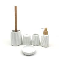 China White Sand Polyresin Clear Bathroom Accessories With Vertical Stripe Wood Parts for sale