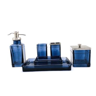 China Vintage Ocean Blue Glass Bathroom Accessories Square Shape With Metal Parts for sale