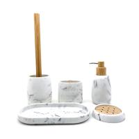China Marble Look Polyresin Bathroom Accessories Set Waterdrop Shape With Wood Parts for sale