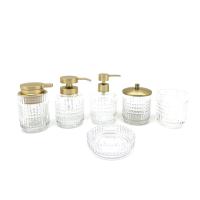 China Dimond Ribbed Glass Bathroom Accessories Set With Clear Color Gold Parts for sale