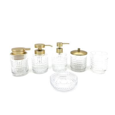 China Dimond Ribbed Glass Bathroom Accessories Set With Clear Color Gold Parts for sale
