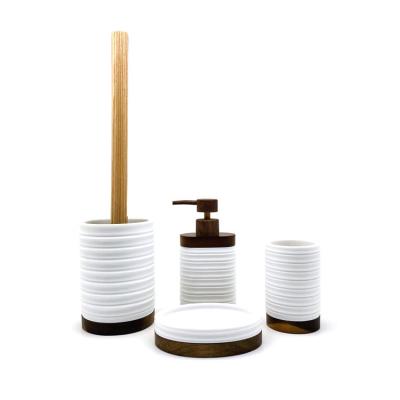 China White Color Polyresin Bathroom Set Ribbed Circles Look With Wood Parts for sale